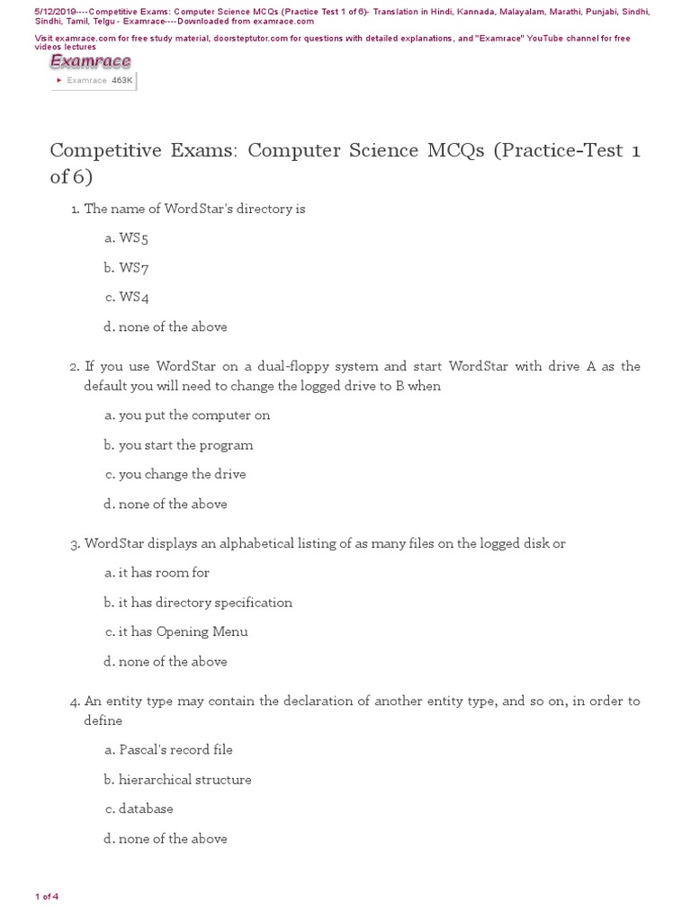 Computer Science MCQs Practice Test 1 PDF | PDF | Relational Model | Sql