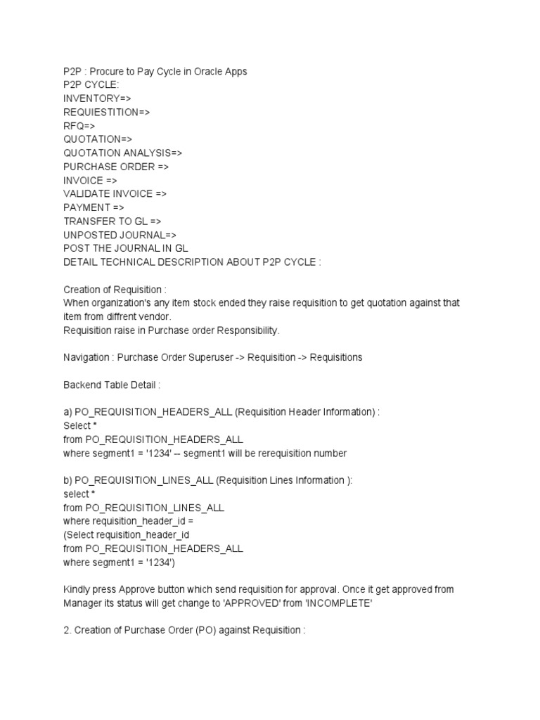 Oracle Apps P2P Cycle With Technical Info | PDF | Accounts Payable ...