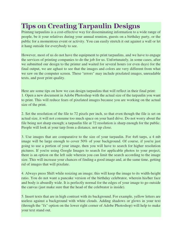 Tips On Creating Tarpaulin Designs | PDF | Image Resolution | Areas Of ...