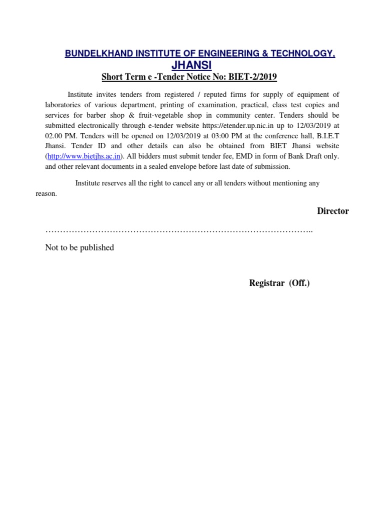 Jhansi: Short Term e - Tender Notice No: BIET-2/2019 | PDF | Engineering | Business