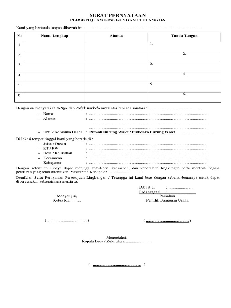Contoh Format Surat Pernyataan Persetujuan Lingkungan | PDF