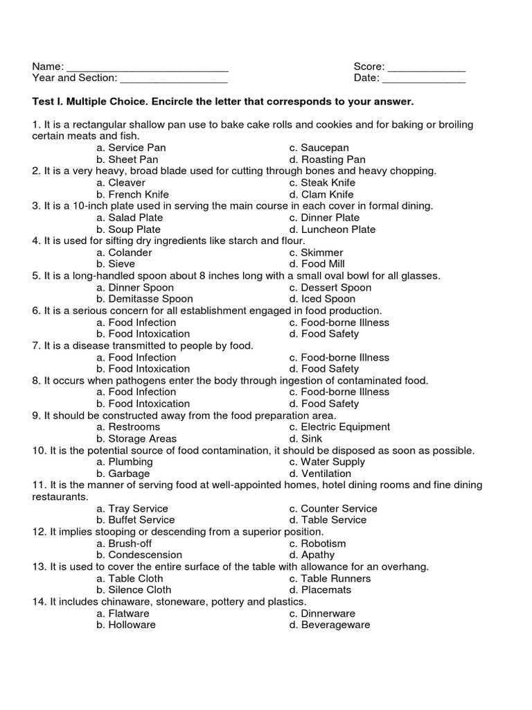 Assessment 1 Test Questionnaire | PDF | Tableware | Spoon