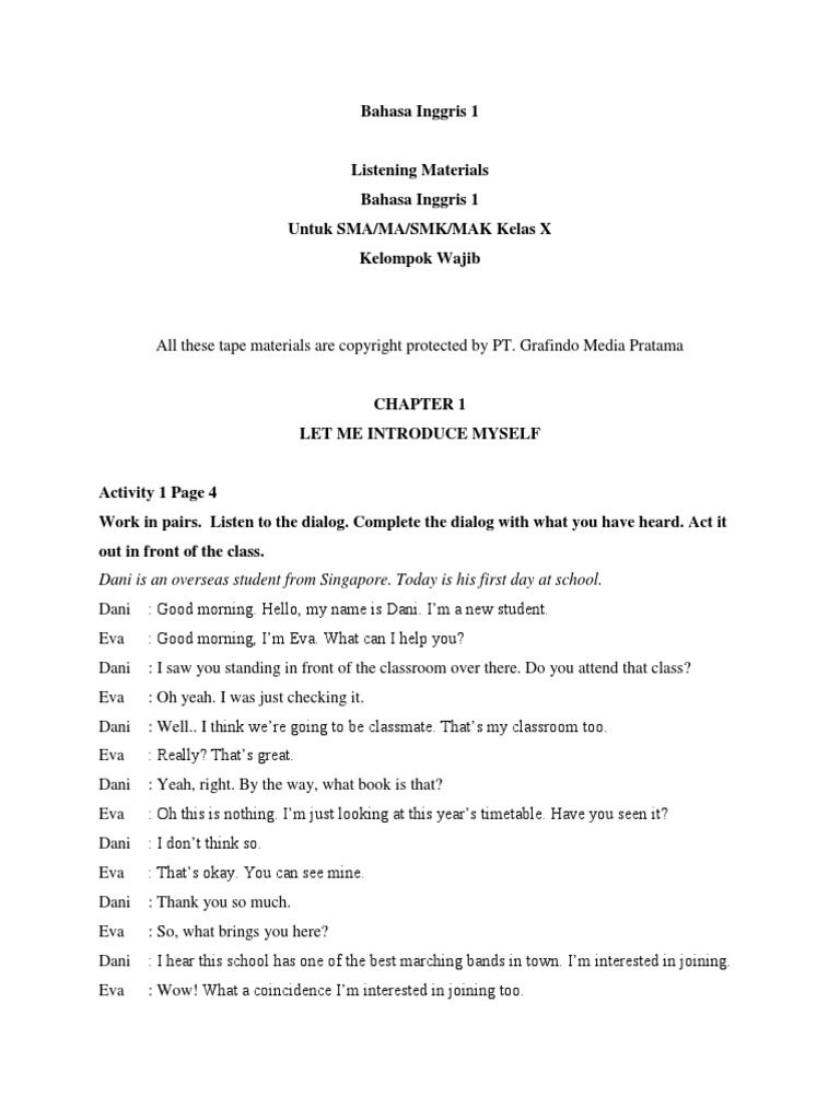Listening Script PAG Buku Bahasa Inggris 1 Kelas X | PDF