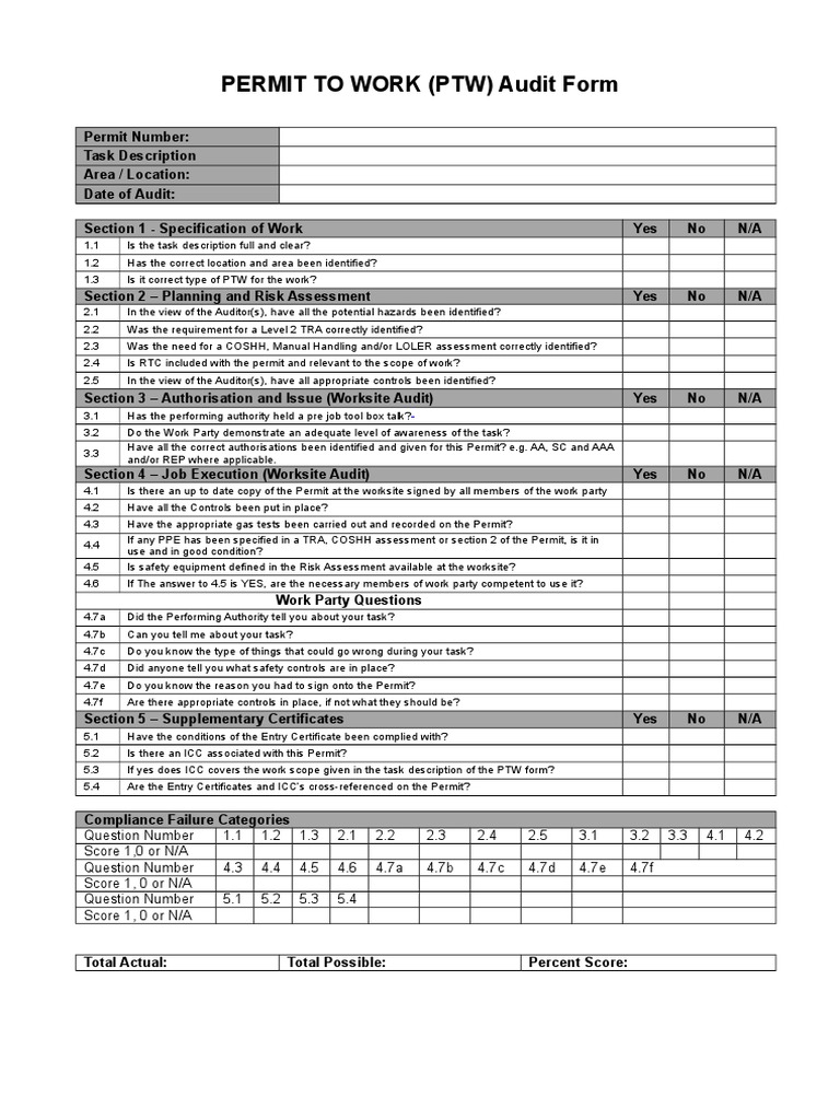 Permit To Work (PTW) Audit Form | PDF | Personal Protective Equipment ...
