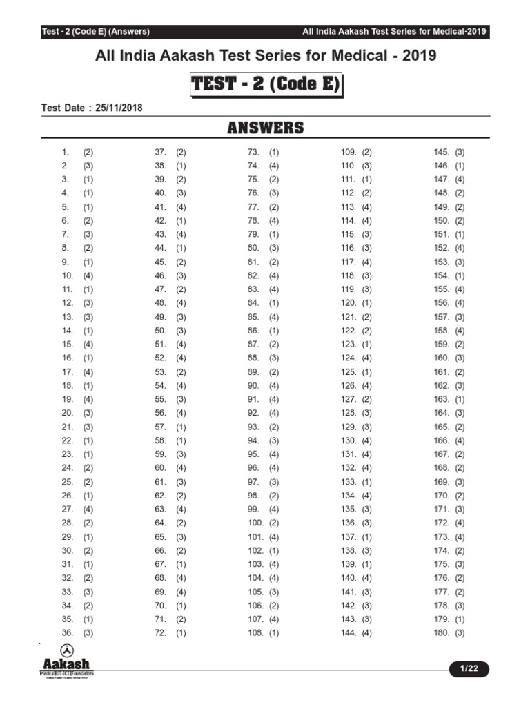 TEST - 2 (Code E) All India Aakash Test Series For Medical - 2019 | PDF ...