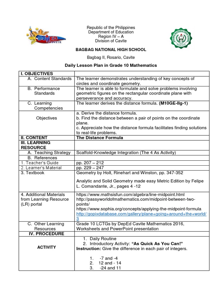 DLP The Distance Formula 4a's | PDF | Distance | Plane (Geometry)