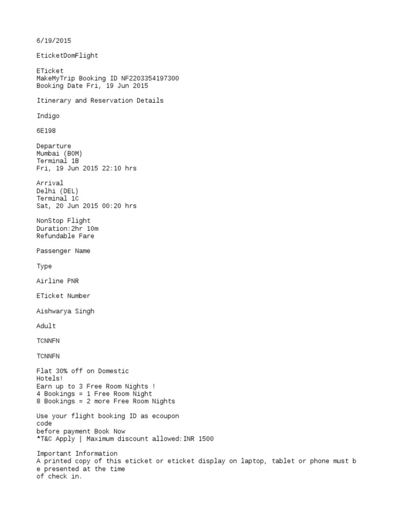 Sample Makemytrip Flight Ticket | PDF | Mobile App | Business