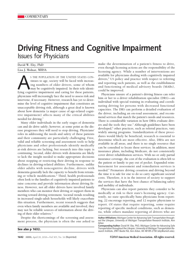 Driving Fitness and Cognitive Impairment: Issues For Physicians | PDF ...