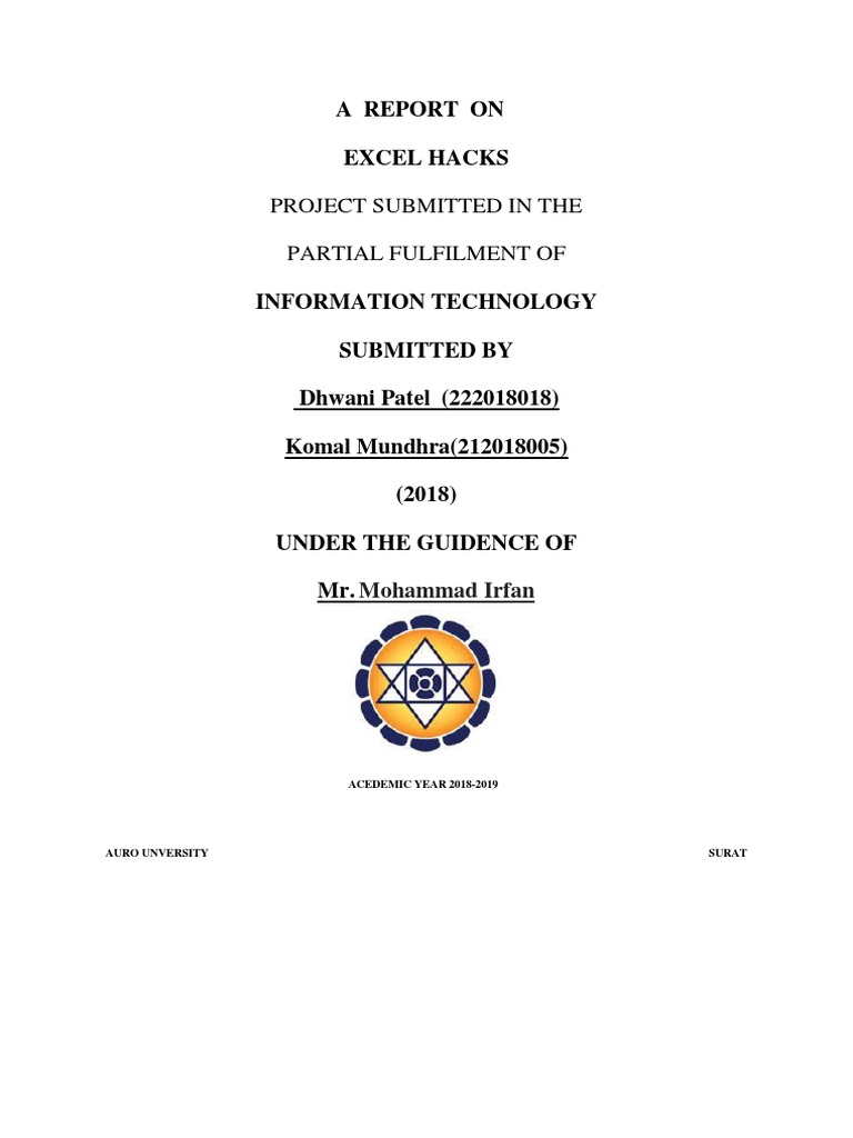 A Report On Excel Hacks: Project Submitted in The Partial Fulfilment of ...