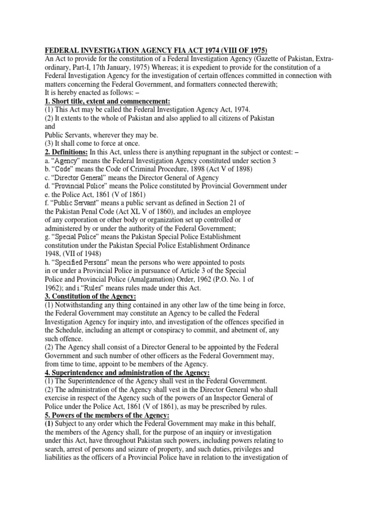 Federal Investigation Agency Fia Act 1974 | PDF | Federal Government Of ...
