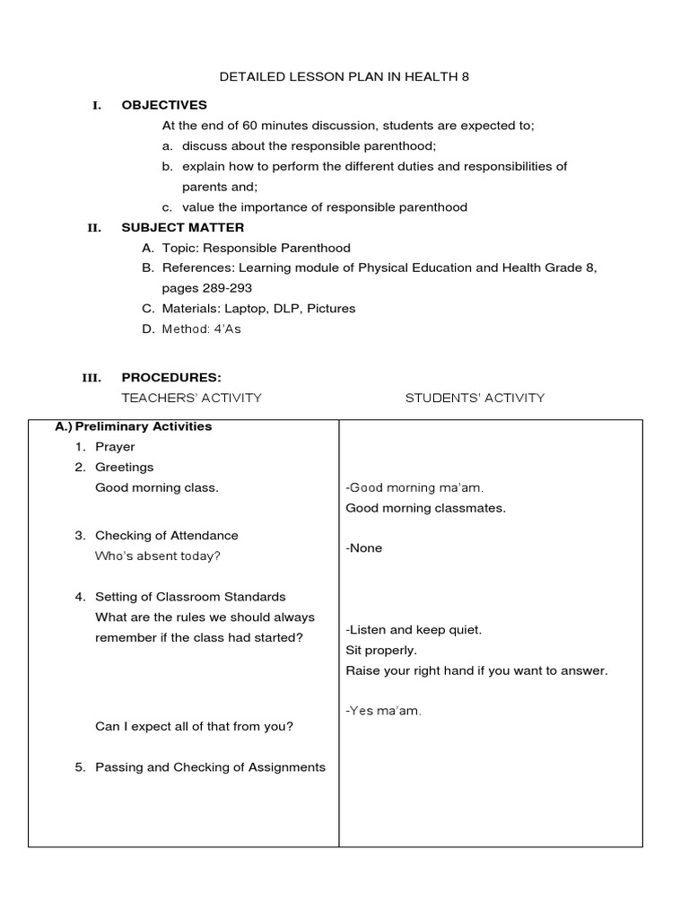 Detailed Lesson Plan in Health 8. | PDF | Parenting | Relationships