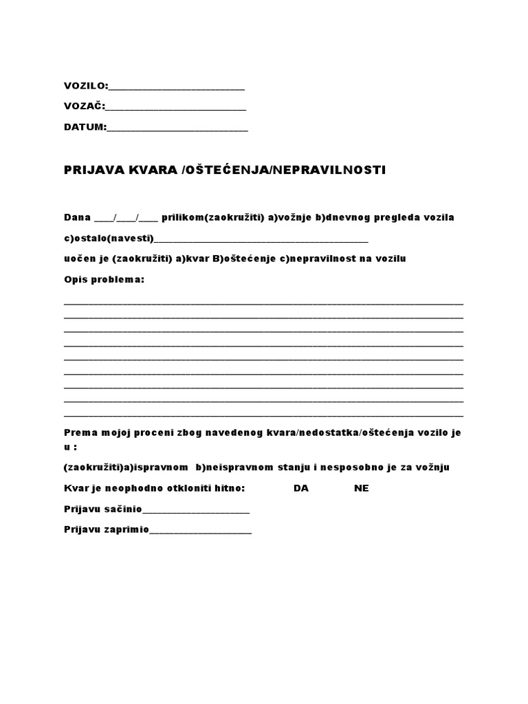 Prijava Kvara Na Vozilima Za Firme | PDF
