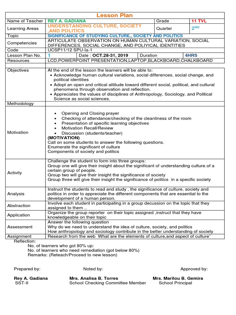 UCSP Lesson Plan: Culture and Society | PDF | Lesson Plan | Sociology