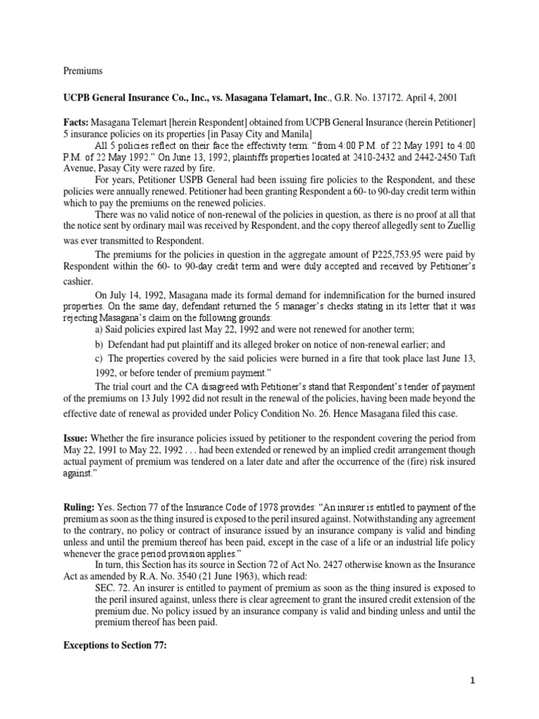 UCPB v. Masagana | PDF | Insurance | Insurance Policy