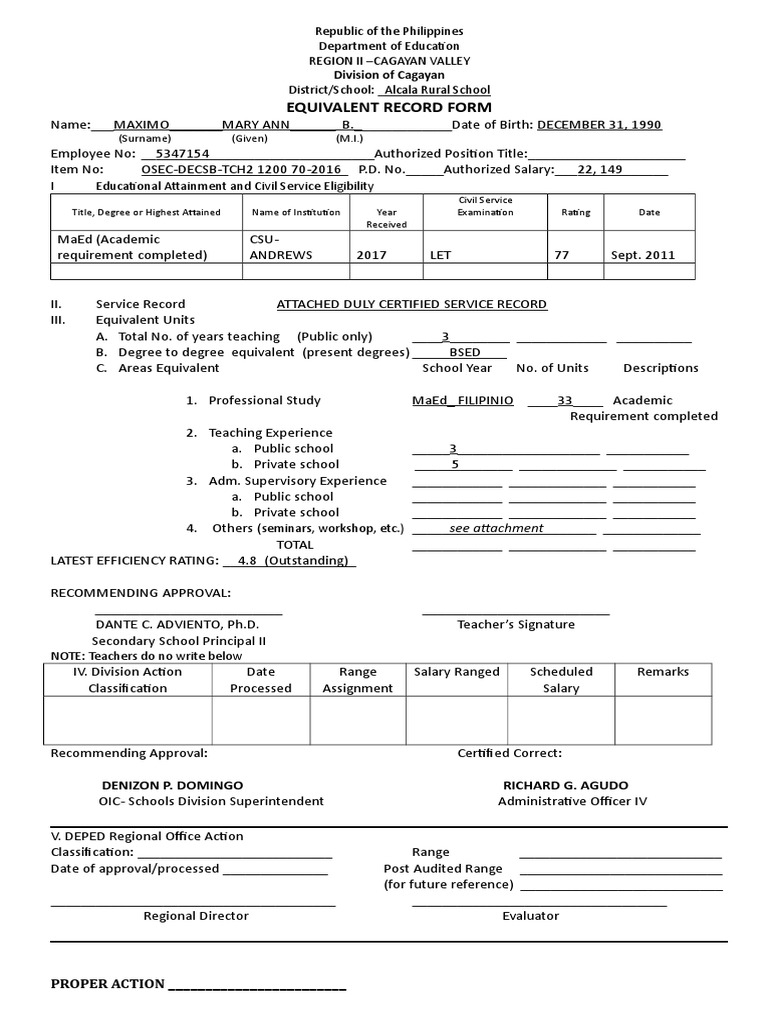 Equivalent Record Form: (Surname) (Given) (M.I.) | Download Free PDF ...