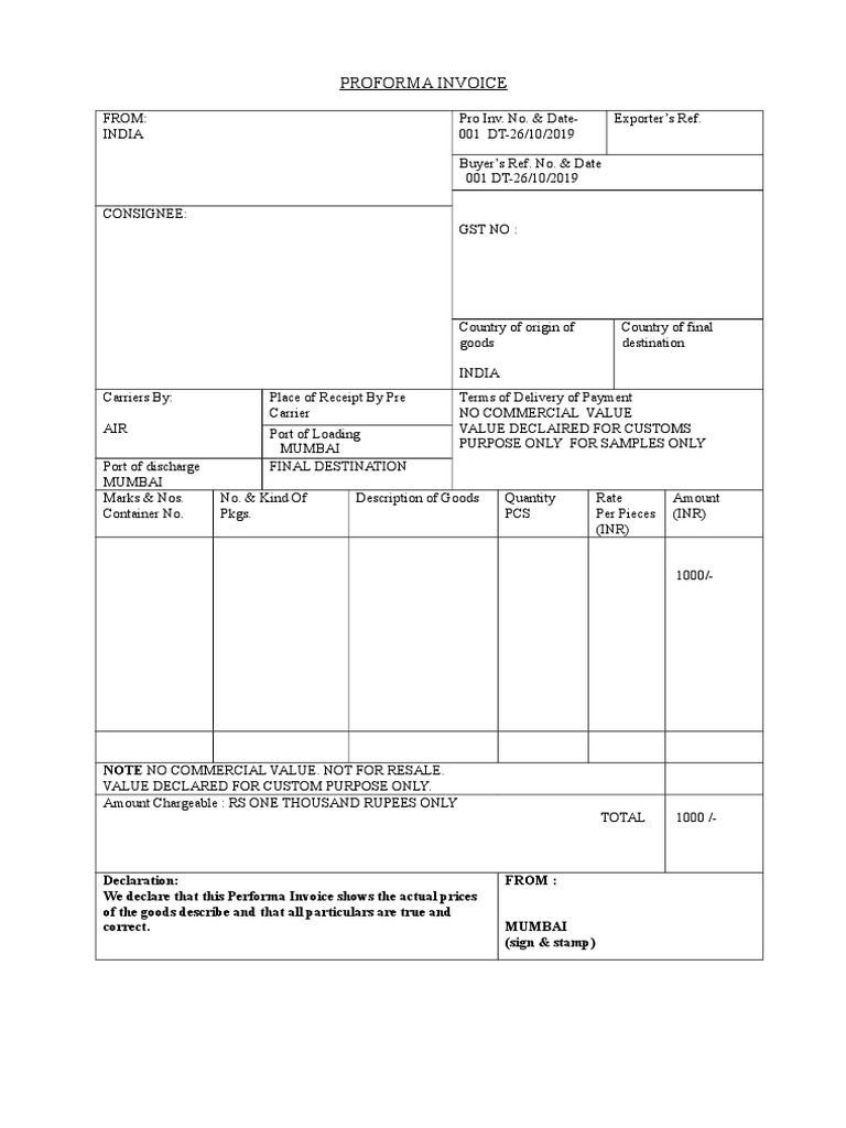 Proforma Invoice: Note No Commercial Value. Not For Resale | PDF