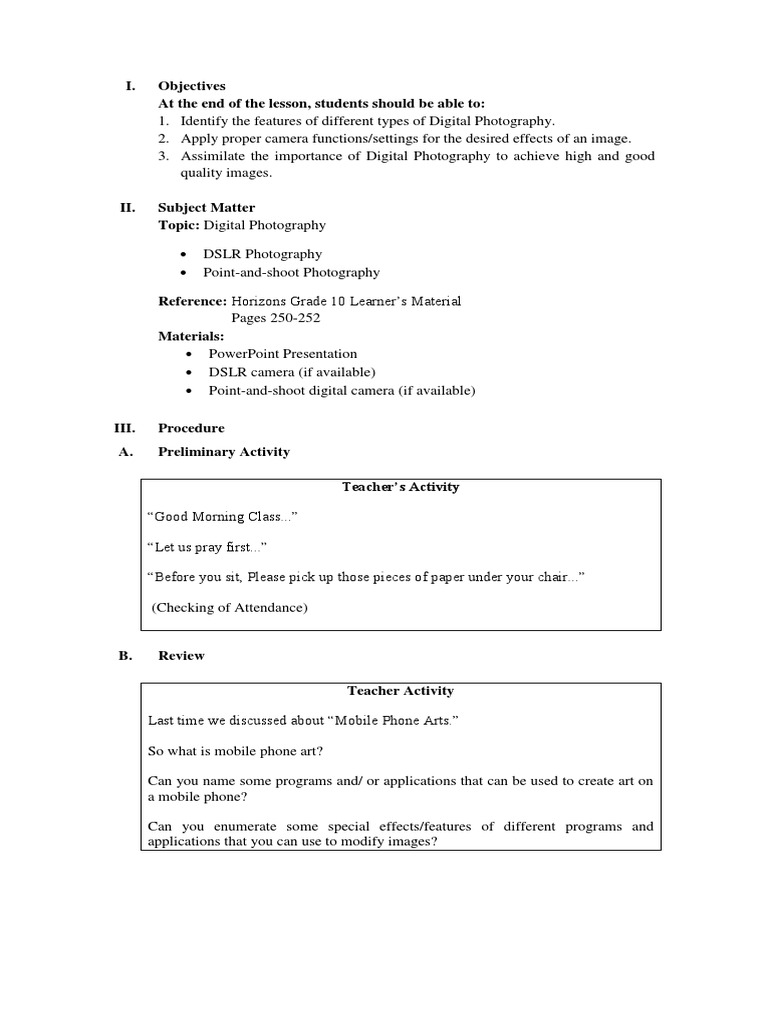 7 Lesson Plan in Digital Photography | PDF | Digital Camera | Digital ...