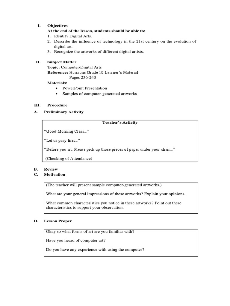 5 Lesson Plan in Digital Art | PDF | Computer Art | Teachers