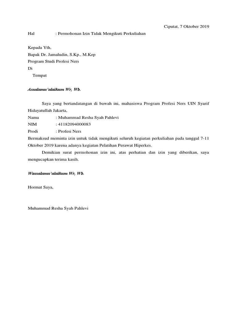 Surat Izin Tidak Mengikuti Perkuliahan | PDF
