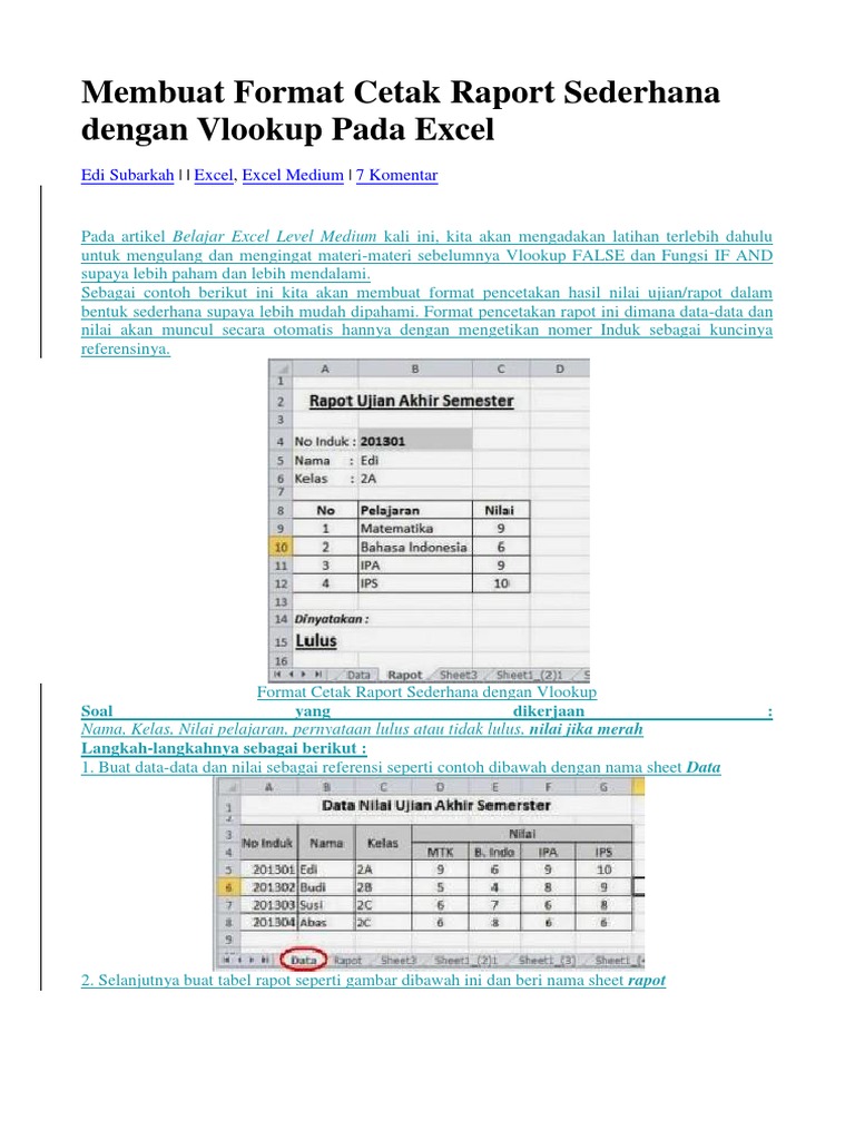 Membuat Format Cetak Raport Sederhana Dengan Vlookup Pada Excel | PDF