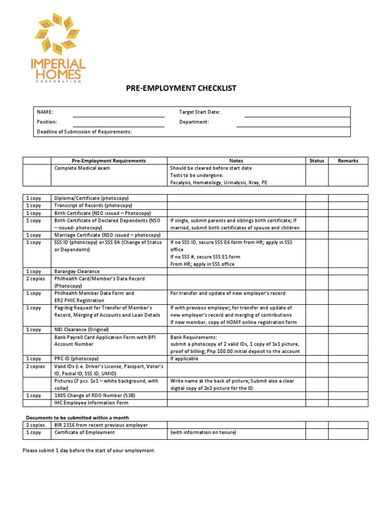 Pre Employment Checklist | PDF | Birth Certificate | Identity Document