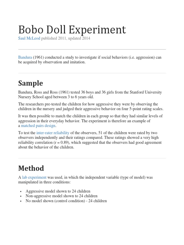 Albert Bandura - Bobo Doll Experiment | PDF | Imitation | Experiment