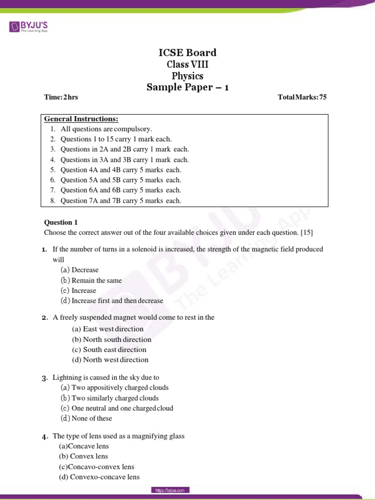 ICSE Class 8 Physics Sample Paper 1 | PDF | Buoyancy | Electric Charge