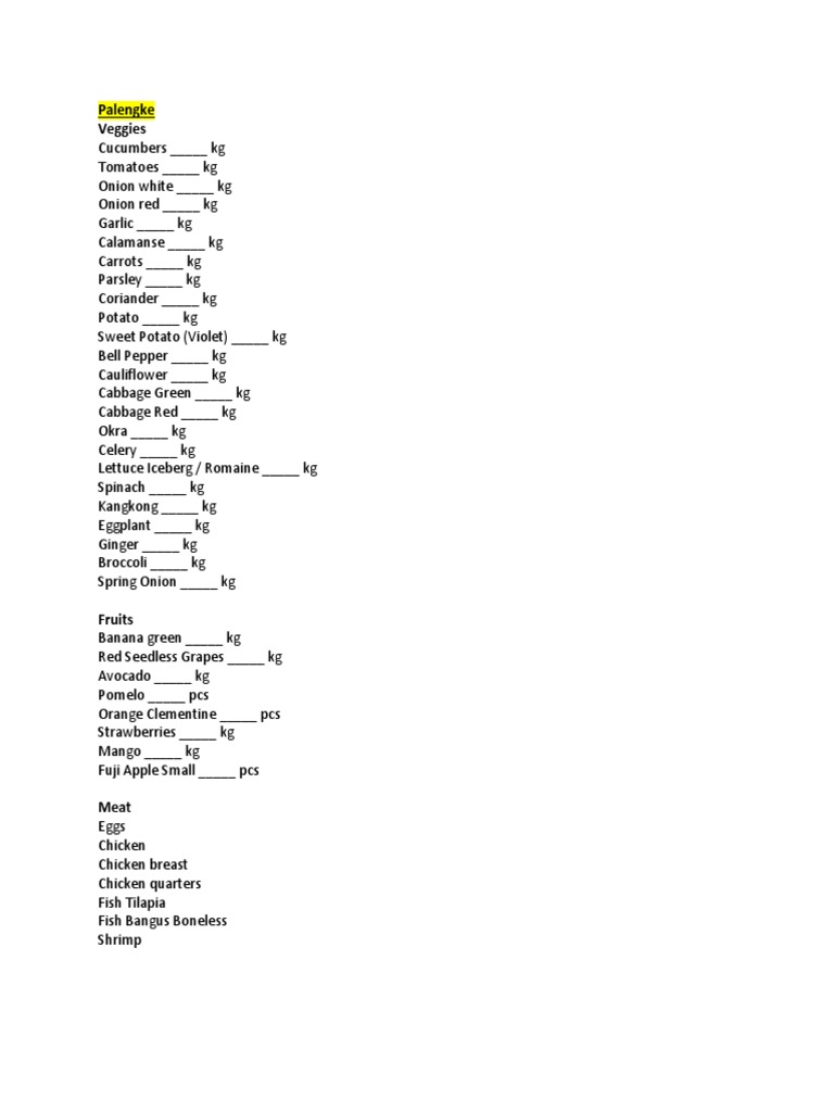Palengke Vegetable and Fruit List | PDF