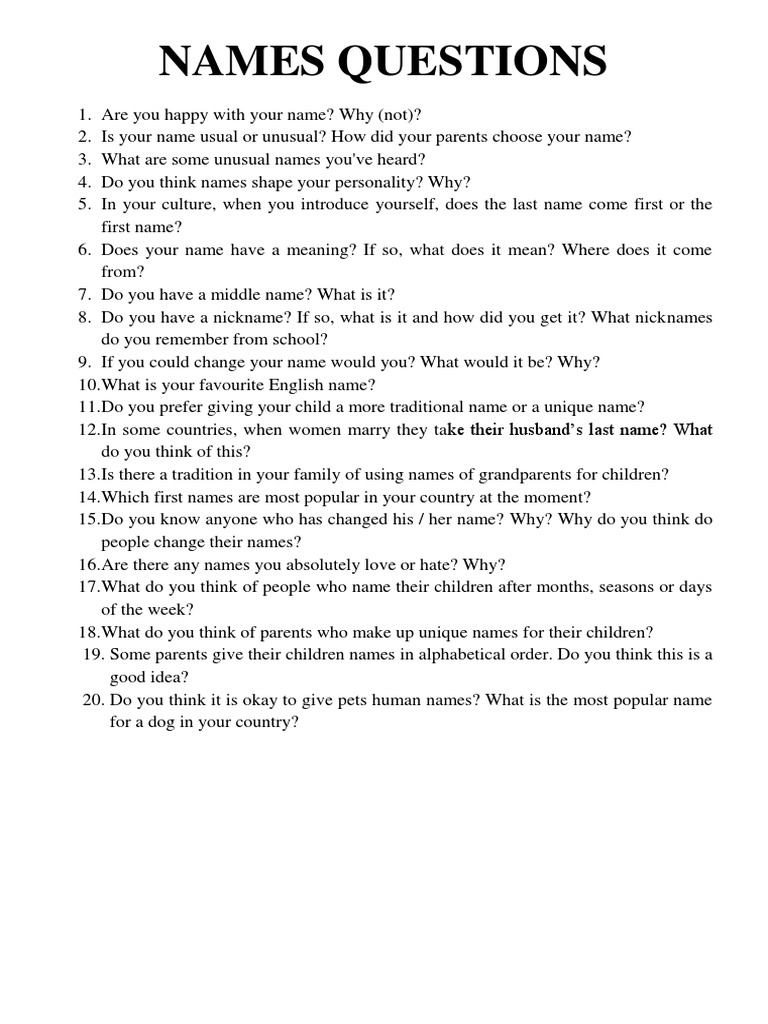 Questions About Names For Conversation | PDF | Wellness