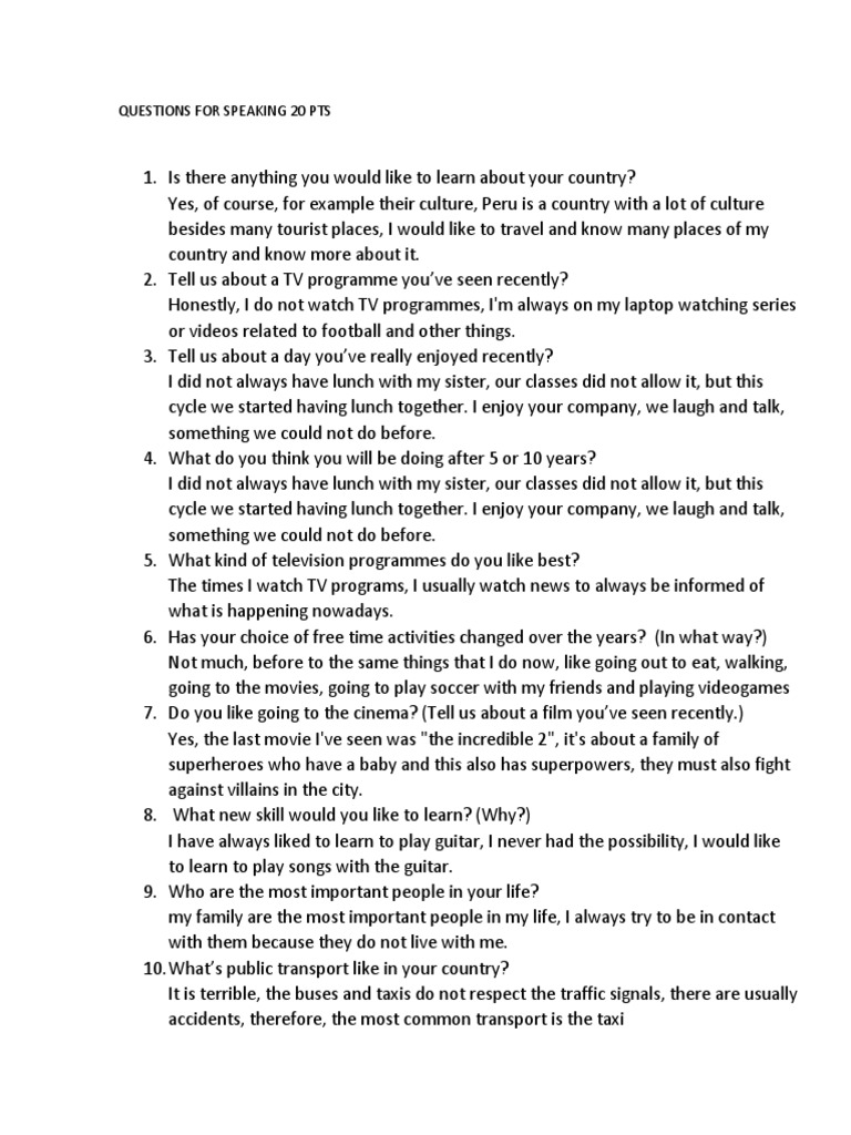 Questions For Speaking 20 Pts | PDF | Social Science | Wellness