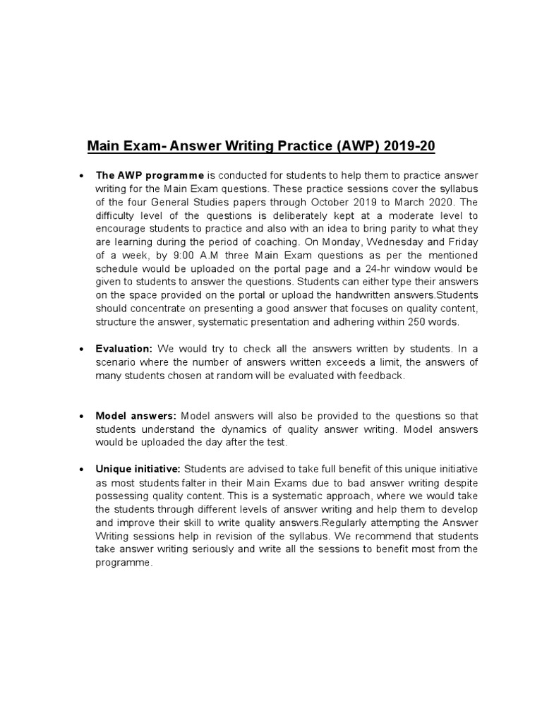 AWP 2019-20: Practice Answer Writing for Main Exams | PDF