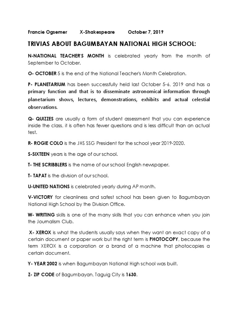 Trivias About Bagumbayan National High School | PDF