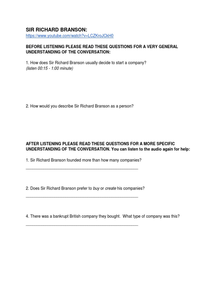 Sir Richard Branson:: Before Listening Please Read These Questions For ...