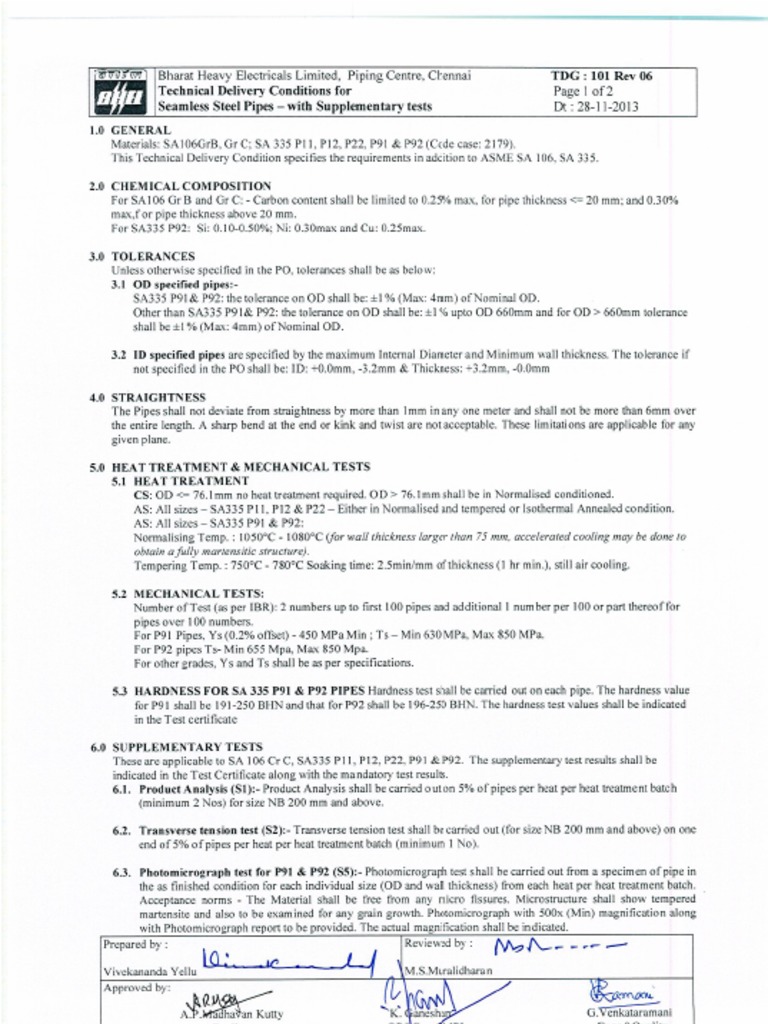 BHEL Boiler Tubes Spec | PDF