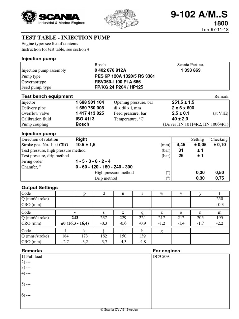 Fuel Injection Pump Data SCANIA DC9 | PDF | Vehicle Parts | Engines