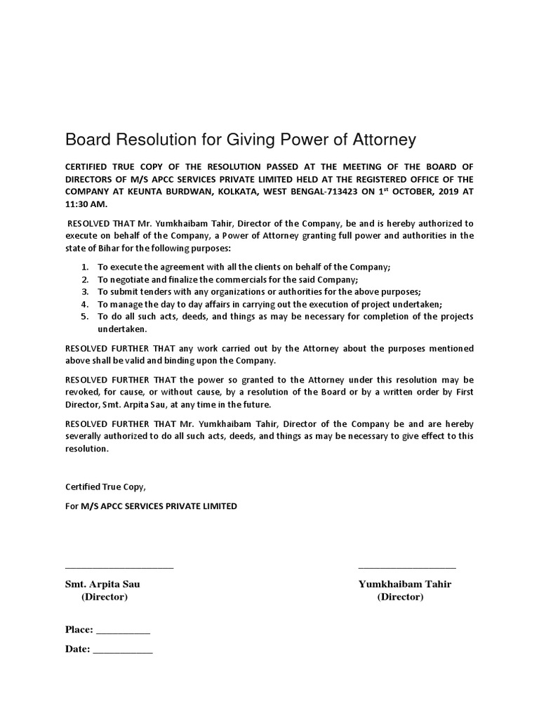Board Resolution for Power of Attorney | PDF | Finance & Money Management