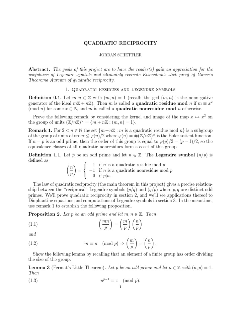 Quadratic Reciprocity | PDF | Group Theory | Ring Theory