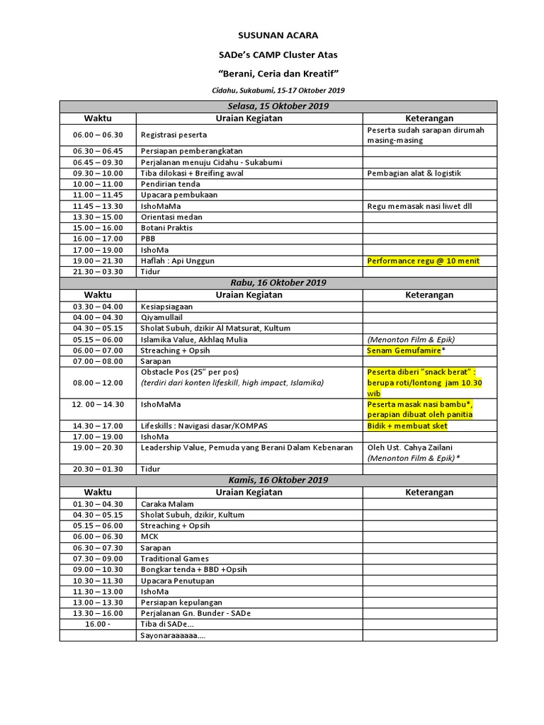 Rundown Acara Camping SADe 2019 | PDF