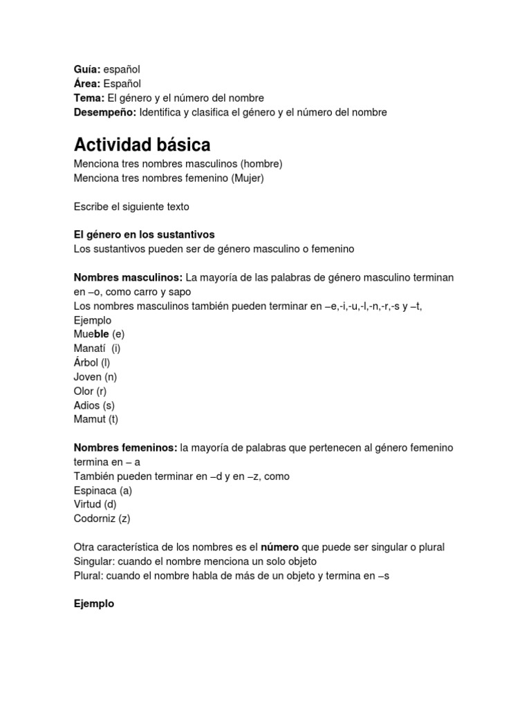 Guía sobre género y número en los nombres en español | PDF