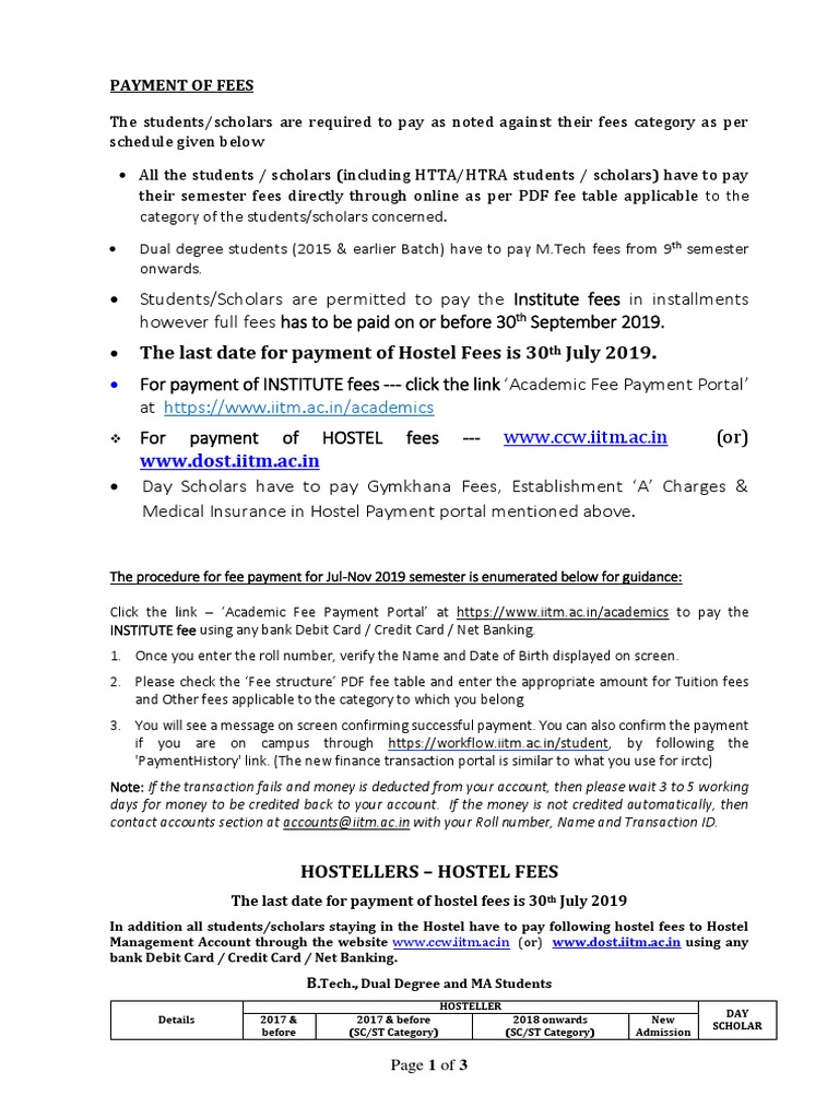 Iitm Hostel Fee 2019 | PDF | Fee | Credit Card