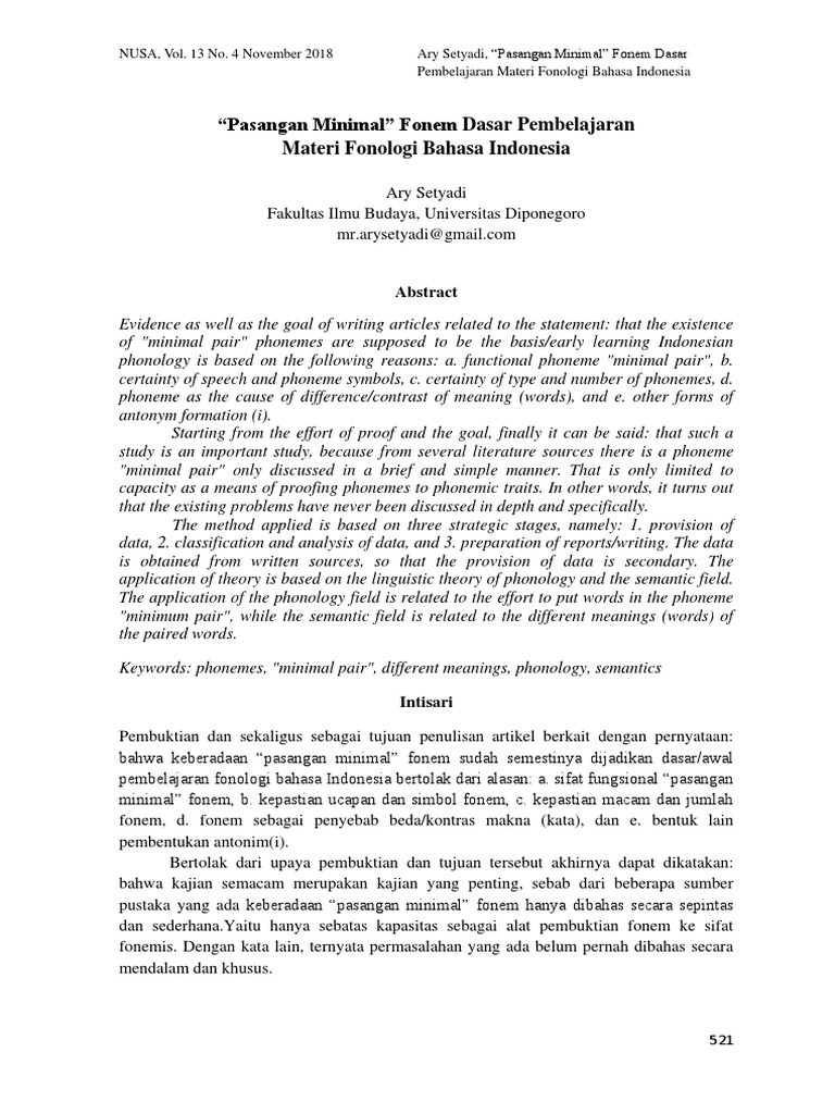 "Pasangan Minimal" Fonem Dasar Pembelajaran Materi Fonologi Bahasa Indonesia | PDF | Phoneme ...