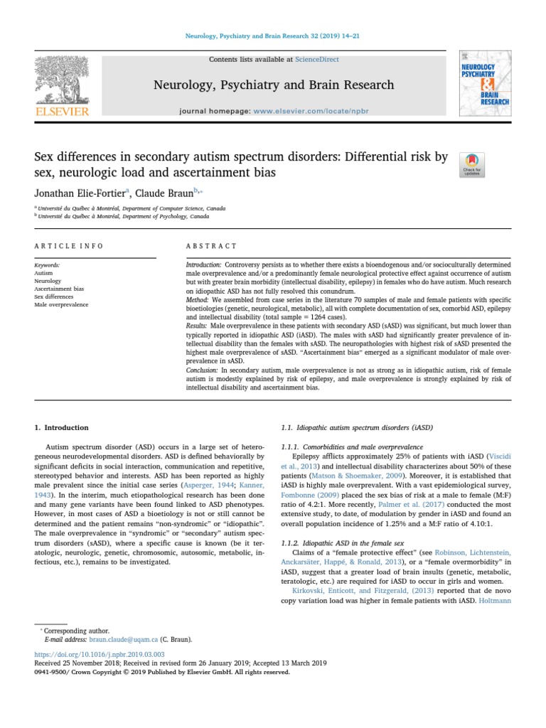 Sex Differences In Secondary Autism Spectrum Disorders Differential