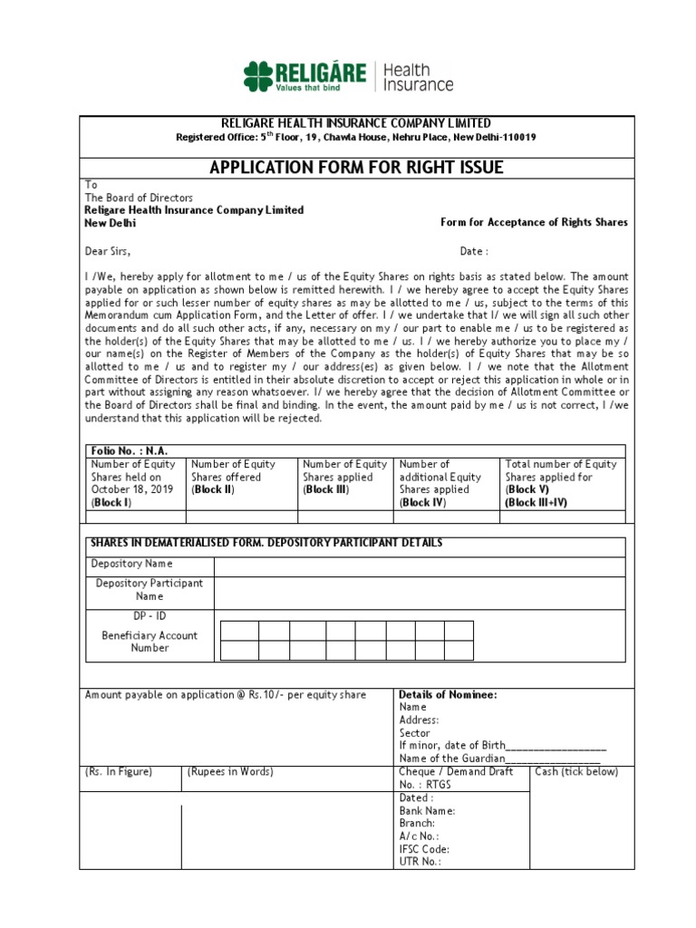 Application Form For Right Issue: Religare Health Insurance Company ...