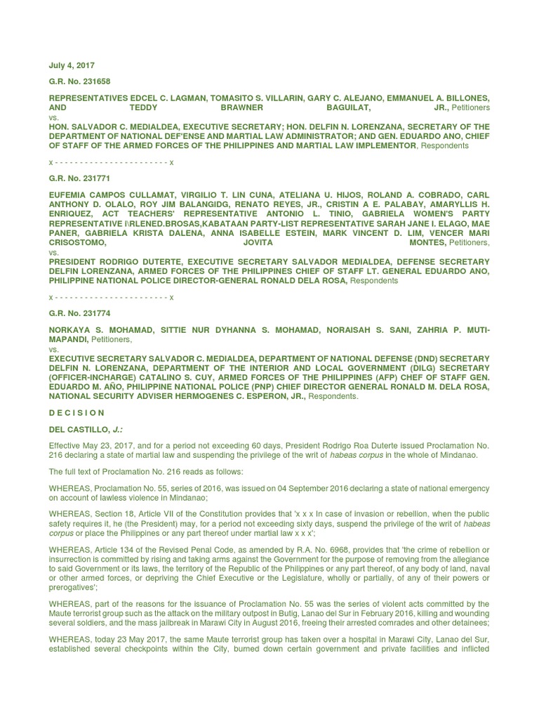 Martial Law in Mindanao: Proclamation 216 | PDF | Habeas Corpus ...