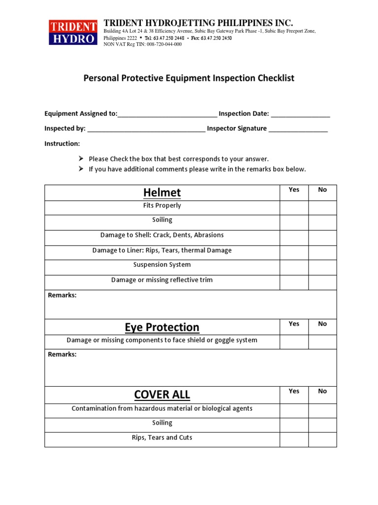 Helmet: Personal Protective Equipment Inspection Checklist | PDF ...
