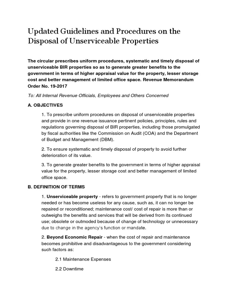 Guidelines for Disposal of Unserviceable Properties | PDF | Auction ...
