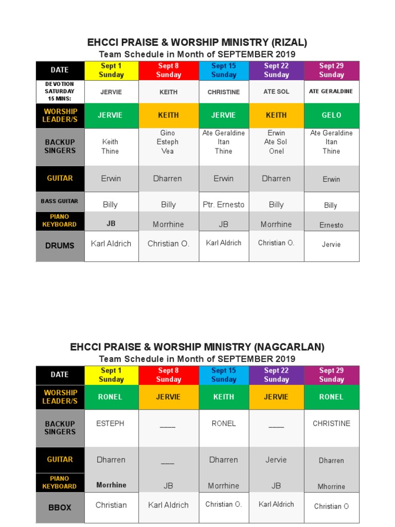 EHCCI Praise & Worship Ministry September Schedule | PDF