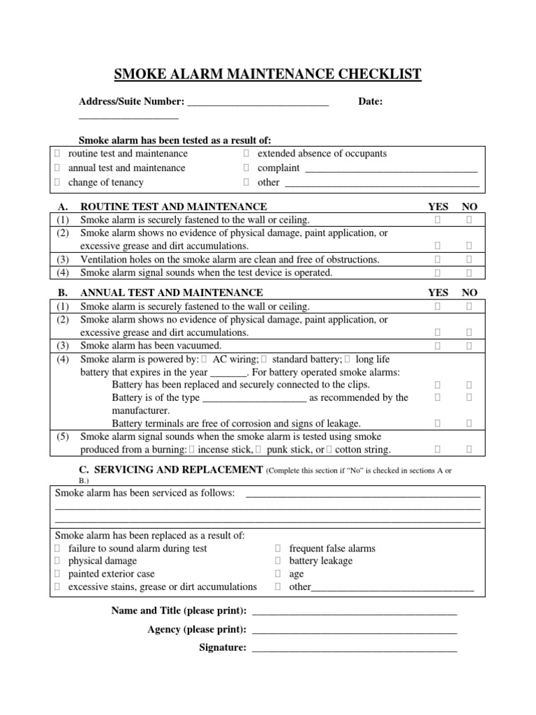 Smoke Alarm Maintenance Checklist: (Complete This Section If "No" Is ...