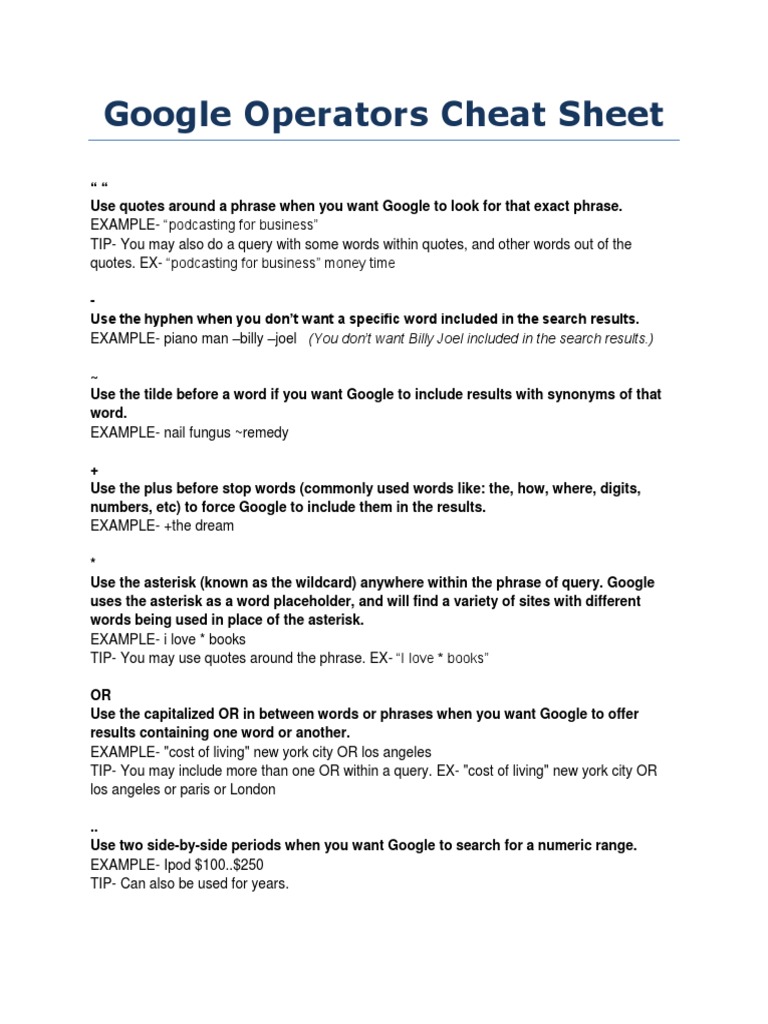 Google Operator Cheat Sheet | PDF | Human–Computer Interaction | Web ...