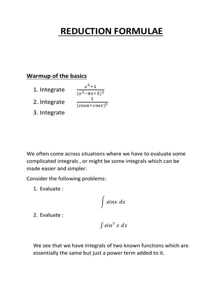 Reduction Formulae: Warmup of The Basics | PDF | Integral | Theoretical ...